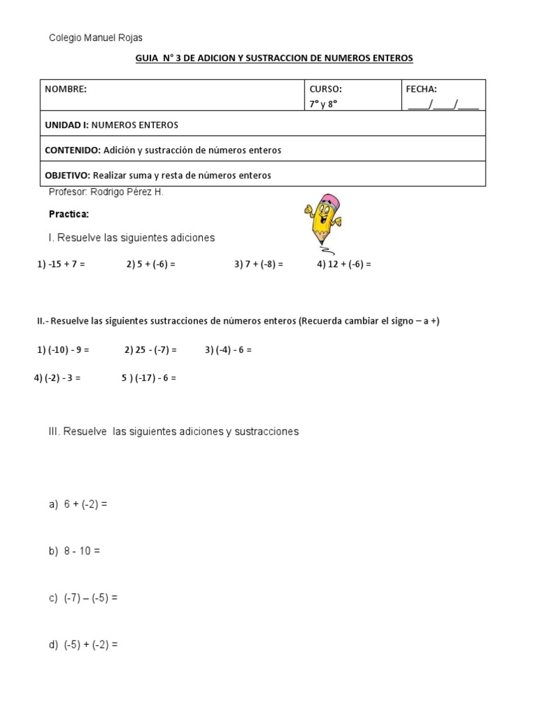 Guia 3 de Adicion y Sustraccion de Numeros Enteros 3 y 4 Medio | PDF | Sustracción | Entero