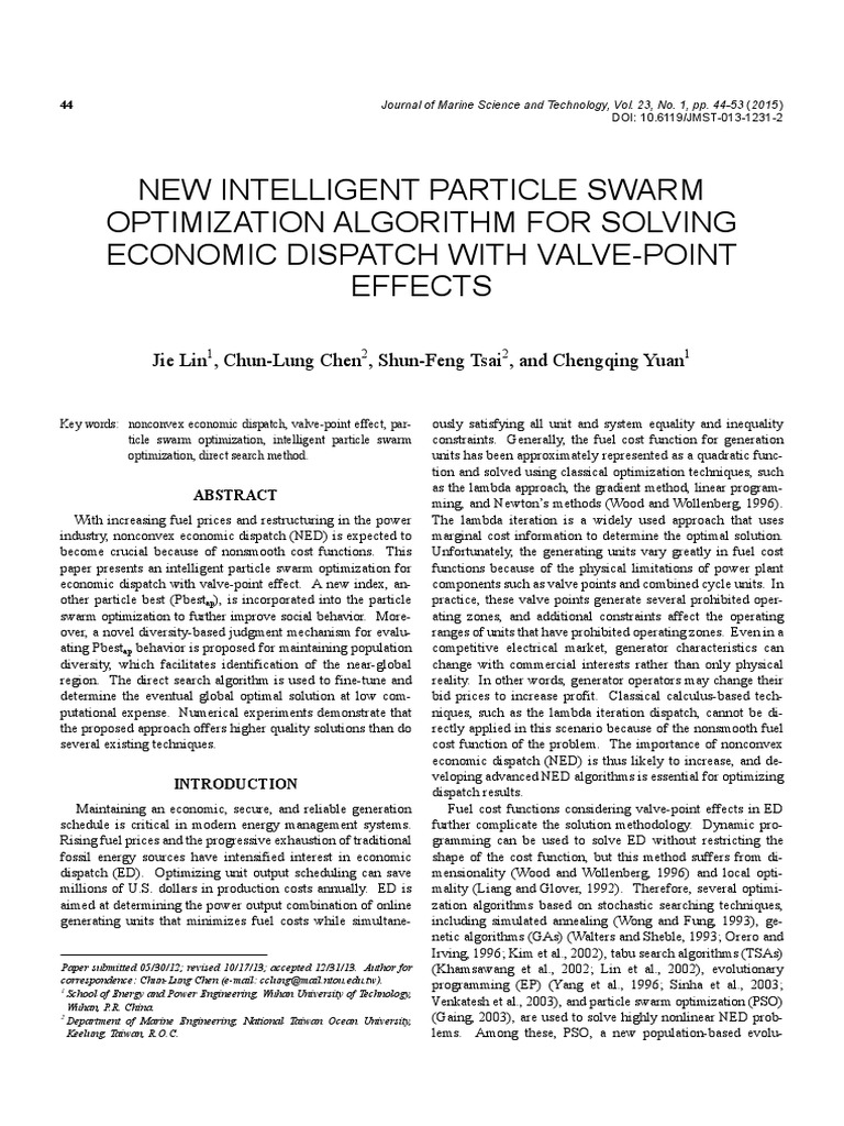 New Intelligent Particle Swarm Optimization Algorithm For Solving Economic Dispatch With Valve ...