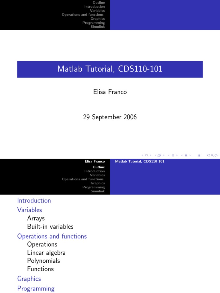 Matlab Tutorial, CDS110-101: Elisa Franco | PDF | Matlab | Matrix (Mathematics)