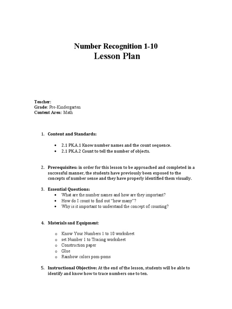 Kindergarten Number Recognition Lesson | PDF | Lesson Plan | Teachers