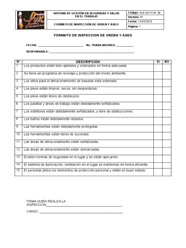 Formato de Inspeccion de Orden y Aseo | PDF