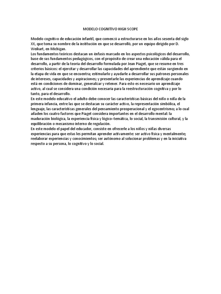 Modelo Cognitivo High Scope en Educación Infantil | PDF