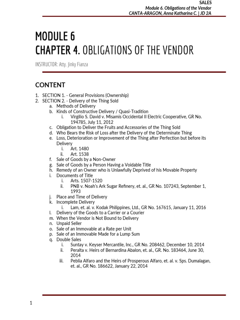 Obligations of The Vendor - Ownership, Delivery of The Thing Sold | PDF ...