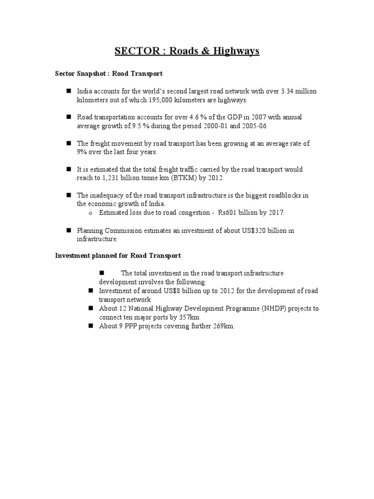 SECTOR Roads & Highways | PDF | Road | Infrastructure