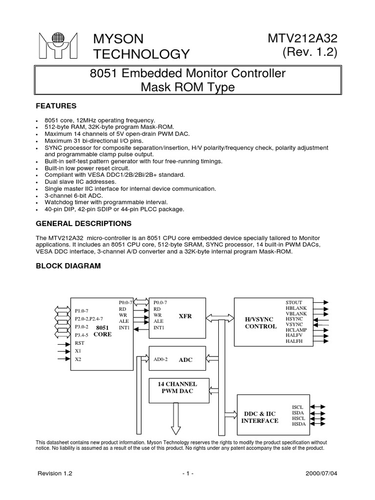 Myson Technology: MTV212A32 (Rev. 1.2) 8051 Embedded Monitor Controller ...