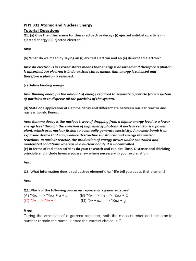 PHY 332 Atomic and Nuclear Energy Tutorial Questions: (C) X - X + F ...