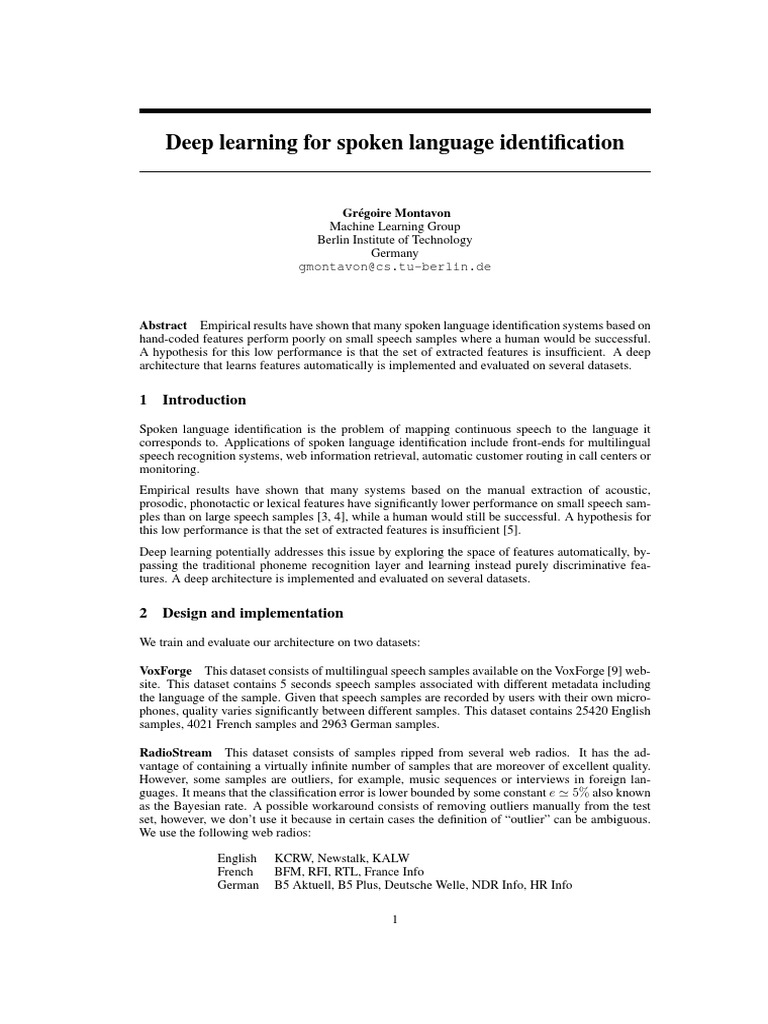 Deep Learning For Spoken Language Identification: GR Egoire Montavon | PDF | Artificial Neural ...