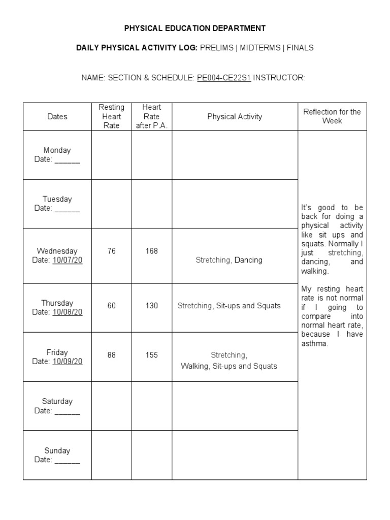 Physical Education Department Daily Physical Activity Log: Prelims ...