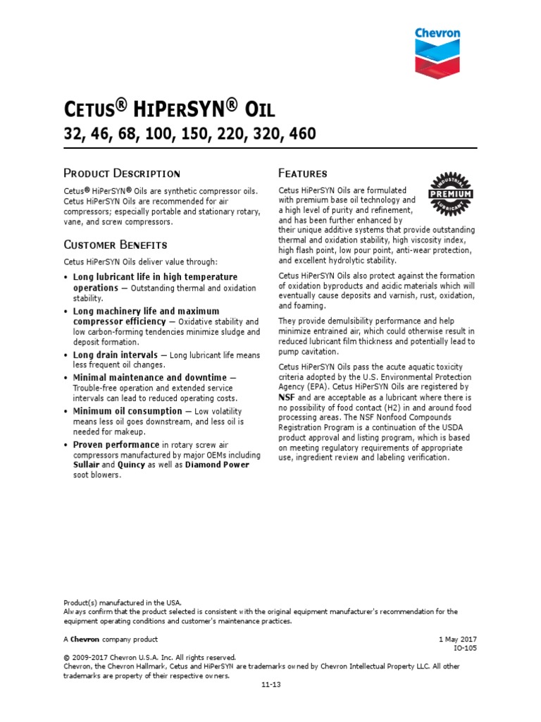 Aceite Cetus Hypersyn 100 Chevron | PDF | Lubricant | Motor Oil