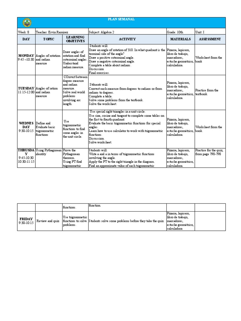 Algebra 2 - 10th Grade - Week 8 | PDF | Trigonometric Functions | Angle