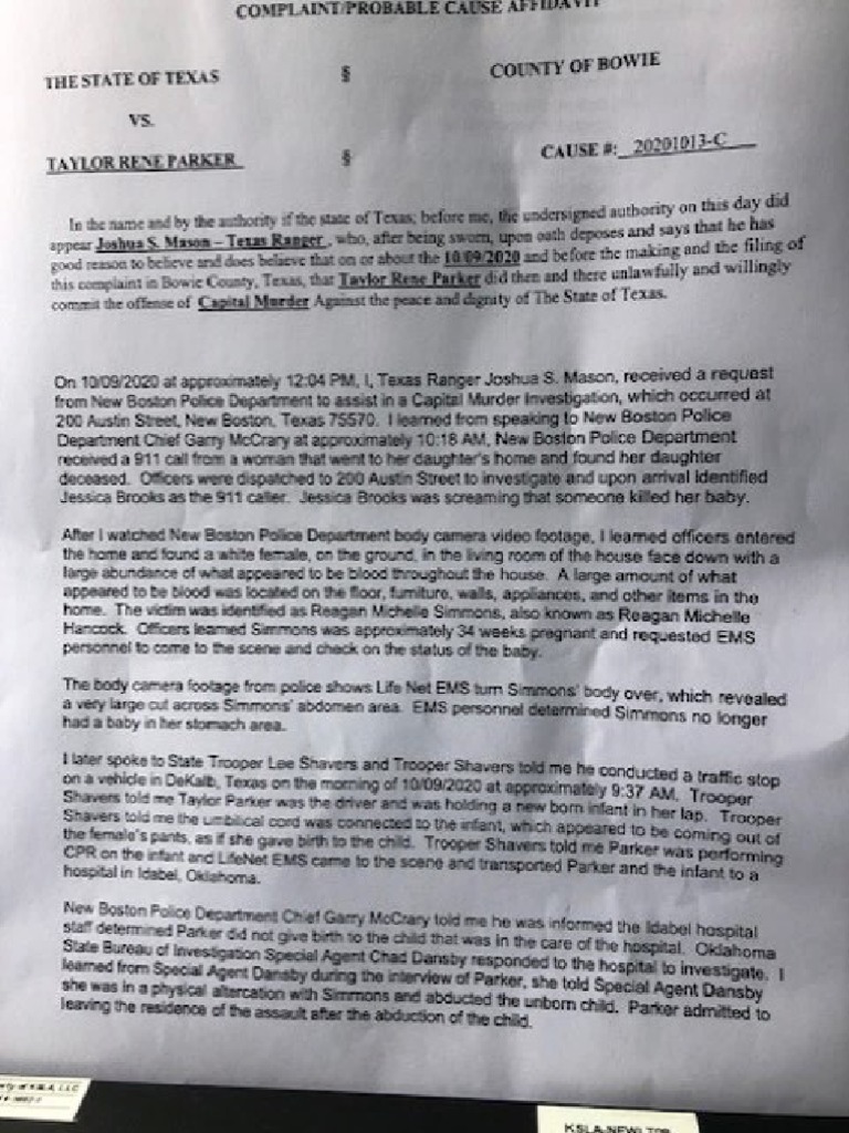 Texas Probable Cause Affidavit For Taylor Rene Parker's Arrest (Page 1 ...