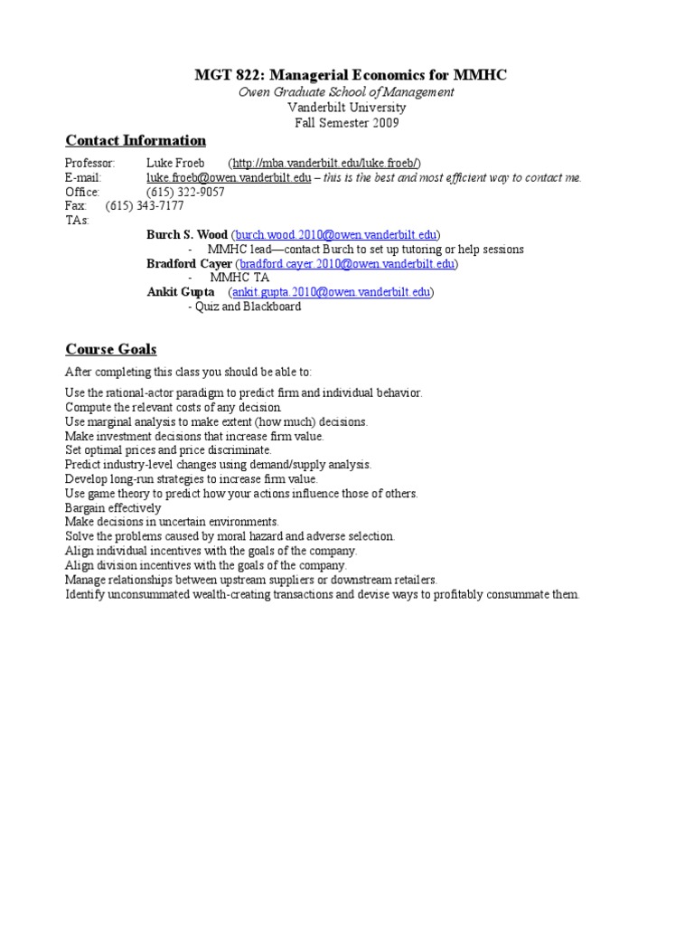 MGT 822: Managerial Economics For MMHC: Owen Graduate School of ...