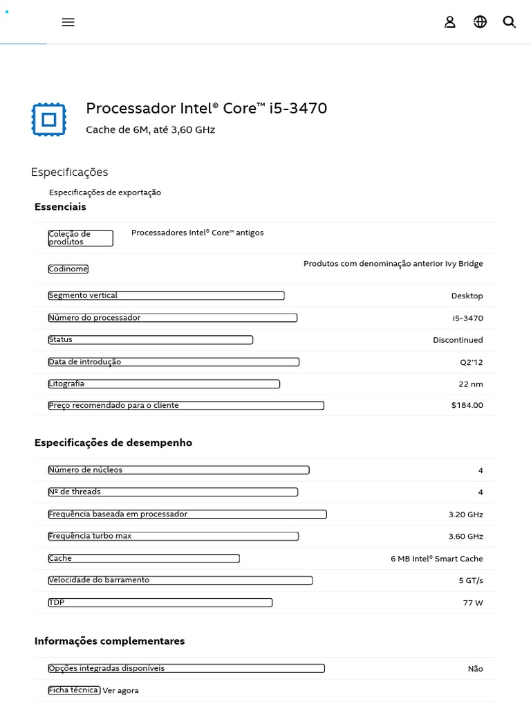 Processador Intel® Core™ I5-3470 (Cache de 6M, Até 3,60 GHZ) Product Specifications | PDF ...