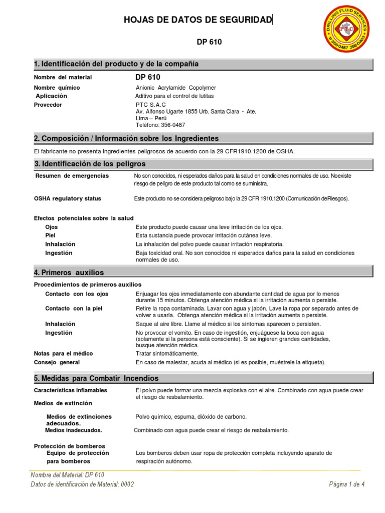 MSDS DP 610 | PDF | Reacciones químicas | Administración de Seguridad y ...