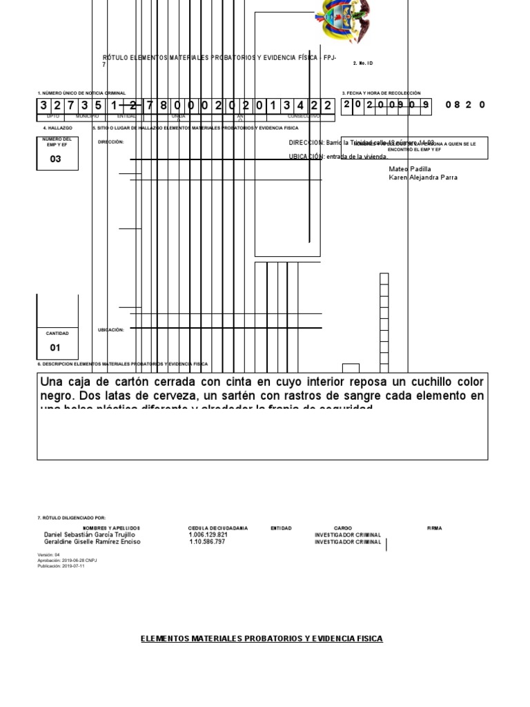 Rotulo Elementos Materiales Probatorios y Evidencia Fisica-Fpj-77 | PDF