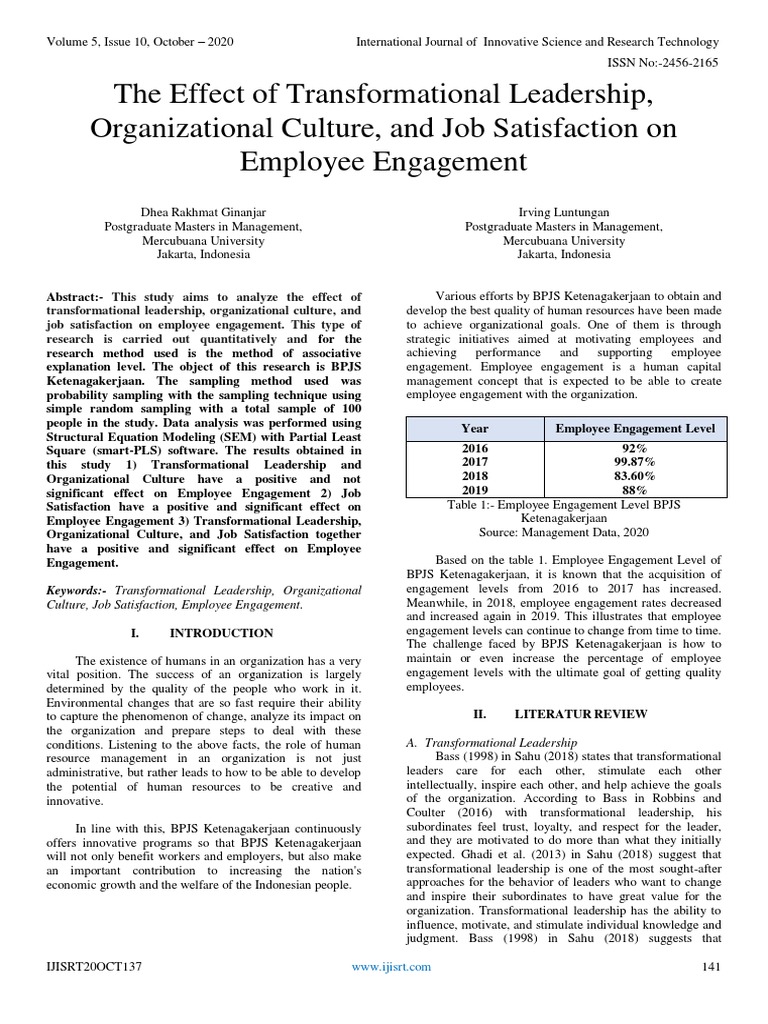 The Effect of Transformational Leadership, Organizational Culture, and Job Satisfaction On ...