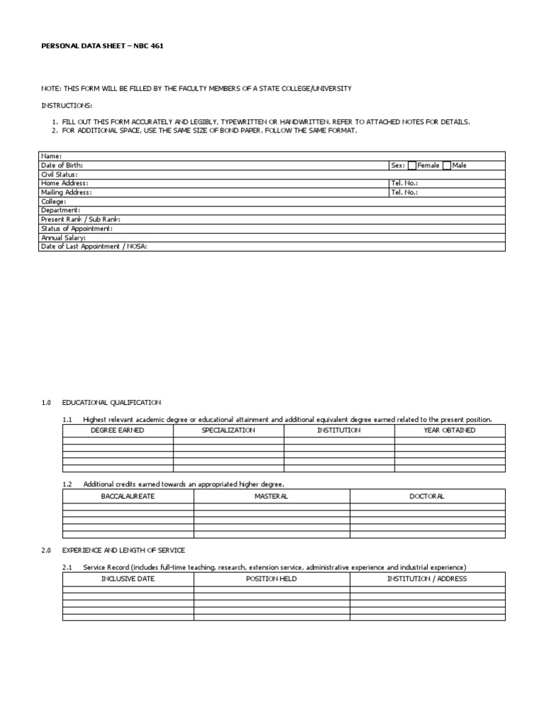 Personal Data Sheet PDF Academic Degree Thesis