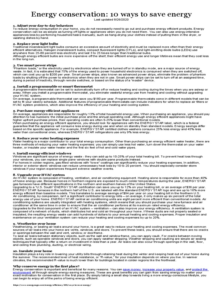 Energy Conservation - 10 Ways To Save Energy | PDF