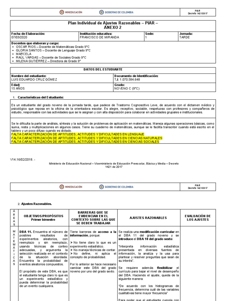 Ejemplo Piar | PDF | Educación de la primera infancia | Estadísticas