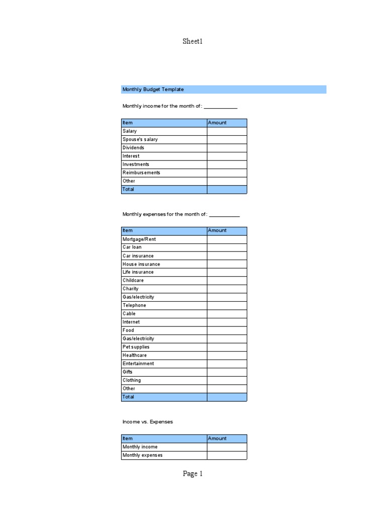Sheet1: Monthly Budget Template Monthly Income For The Month Of: - Item Amount | PDF