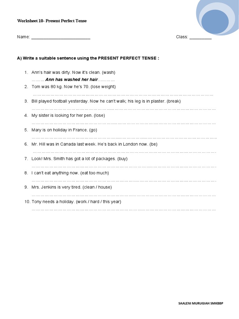 Worksheet 10-Present Perfect Tense: Saaleni Murugiah SMKBBP | PDF | Grammar