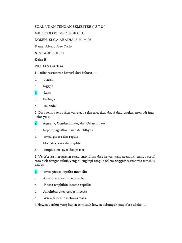 Alvaro Jose Carlo - ACD 118 051 - Jawaban UTS Zoologi Vertebrata | PDF
