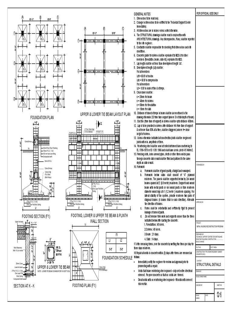 Foundation Plan Upper & Lower Tie Beam Layout Plan: General Notes | PDF ...