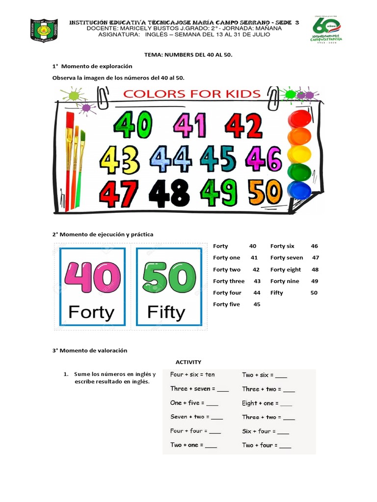 Tema Numeros Del 40 Al 50 en Ingles Semana Del 13 Al 31 de Julio | PDF
