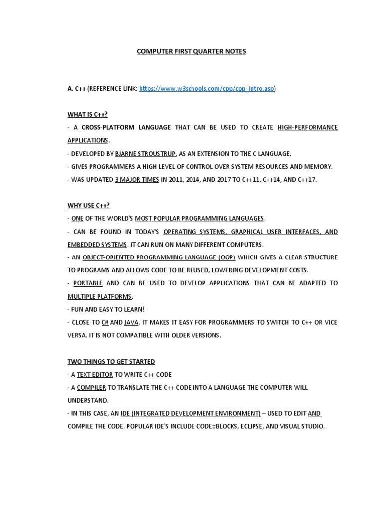 Computer First Quarter Notes: A. C++ (Reference Link | PDF | C++ ...