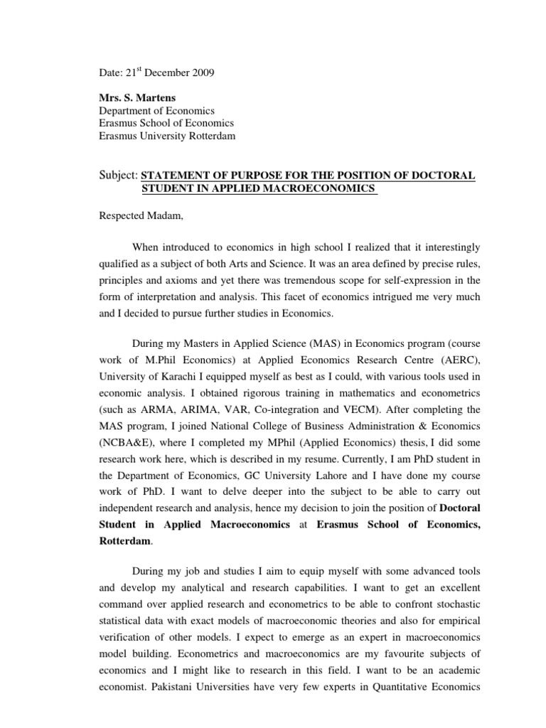 Letter of motivation | Economics | Master Of Arts