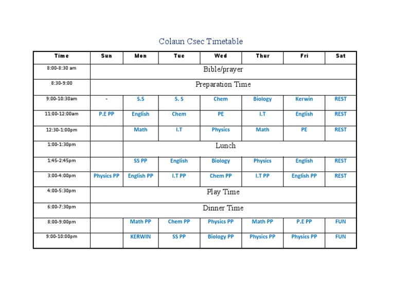 Colaun Csec Timetable: Bible/prayer Preparation Time | PDF