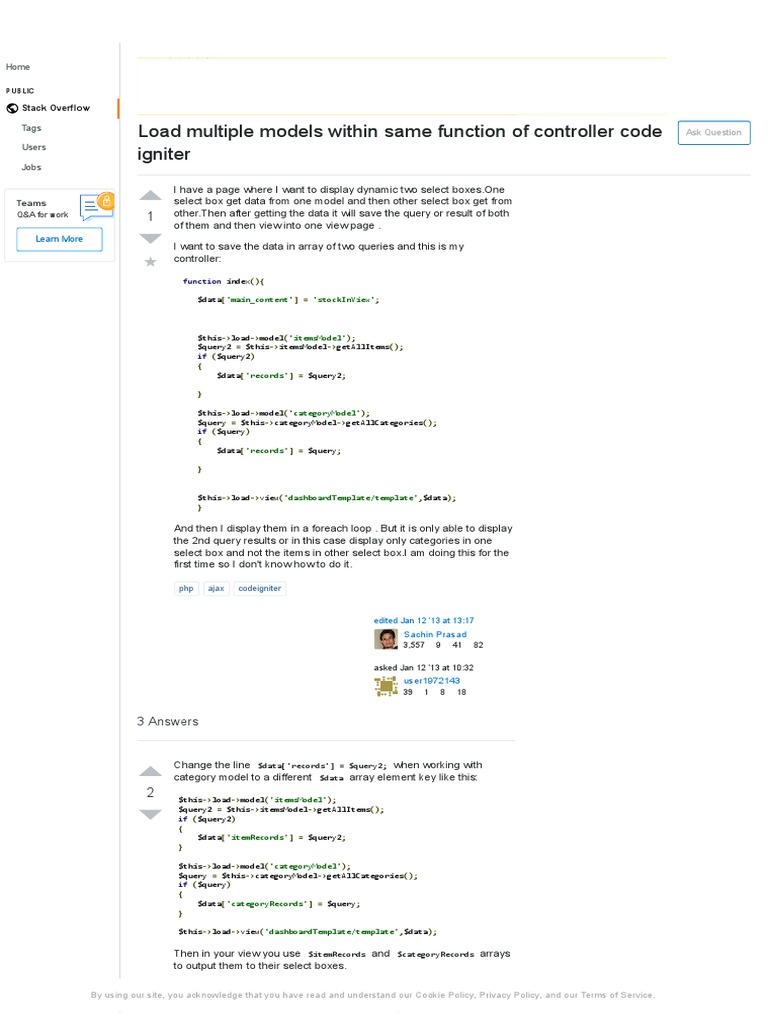 Php Load Multiple Models Within Same Function Of Controller Code Igniter Stack Overflow Pdf