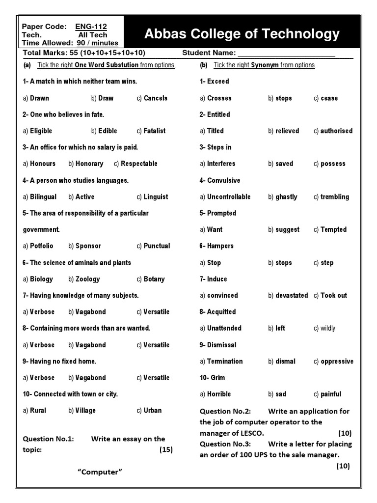 Paper Code ENG-112 All Tech New | PDF | Human Communication | Linguistics