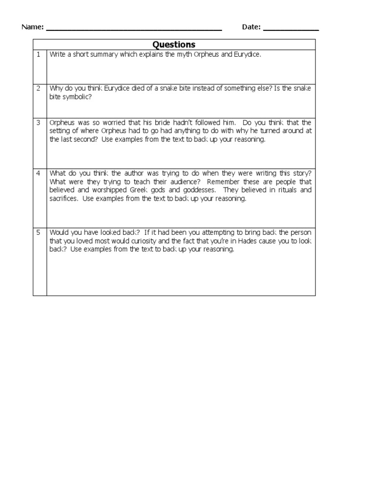 Orpheus and Eurydice Activity | PDF