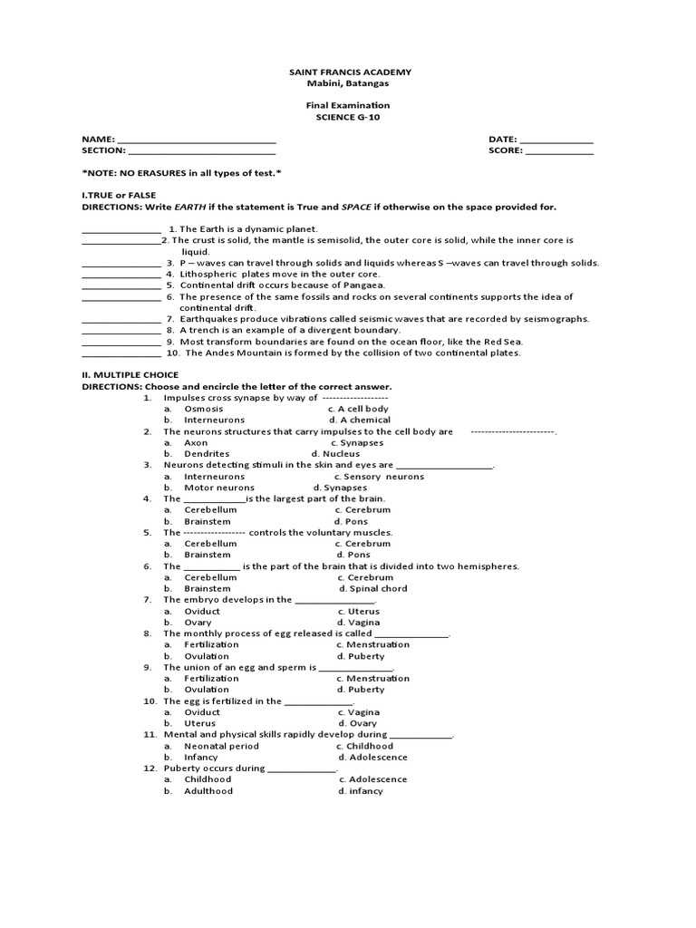 Science G-10 Final Examination: Document Covering Earth Science ...