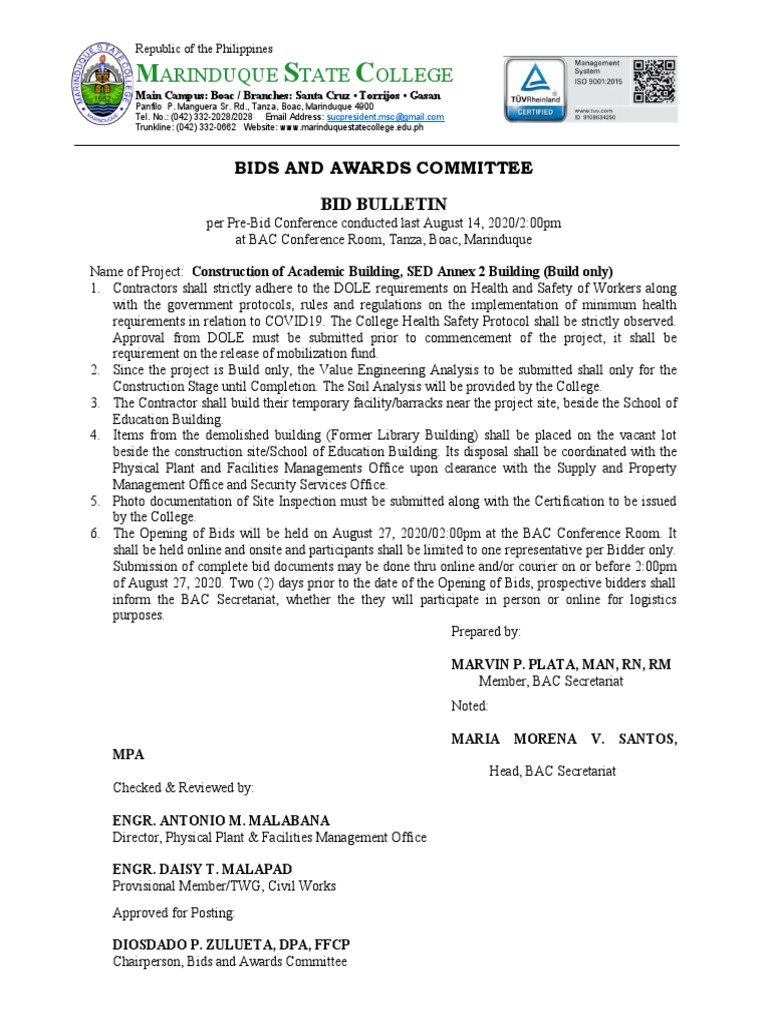 BID BULLETIN Construction of SHS Building | PDF | Business