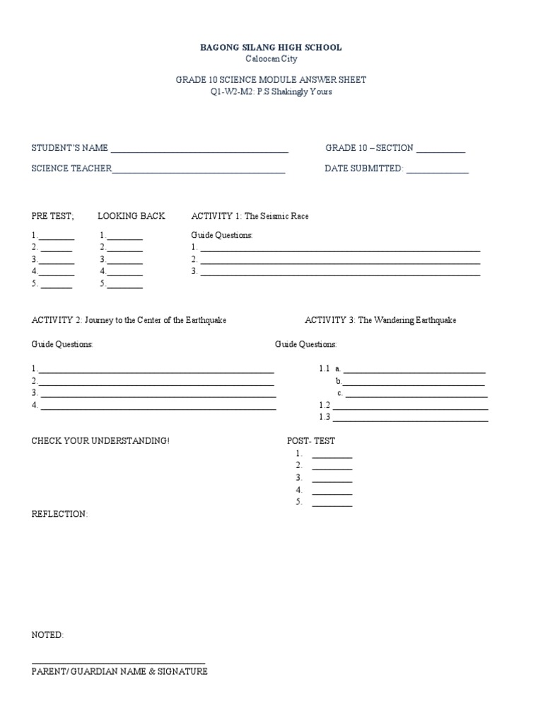 Grade 10 Science Answer Sheet Template | PDF