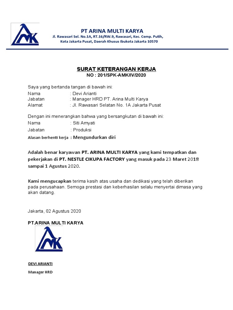 Surat Keterangan Kerja PT Arina Multi Karya | PDF | Bisnis