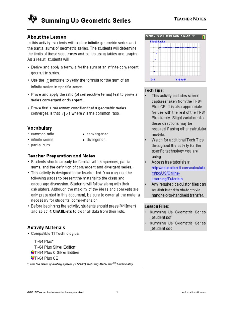 Summing Up Geometric Series Teacher Pdf Series Mathematics Sequence
