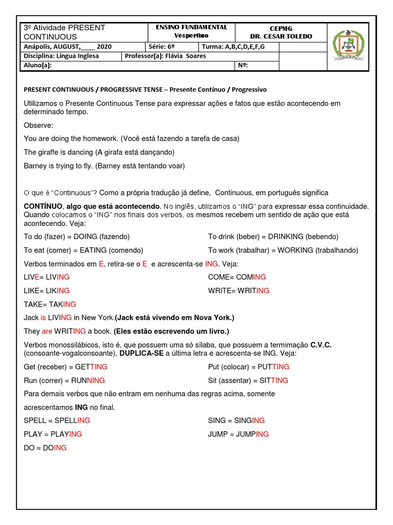 3º Atividade PRESENT CONTINUOUS | PDF | Idiomas