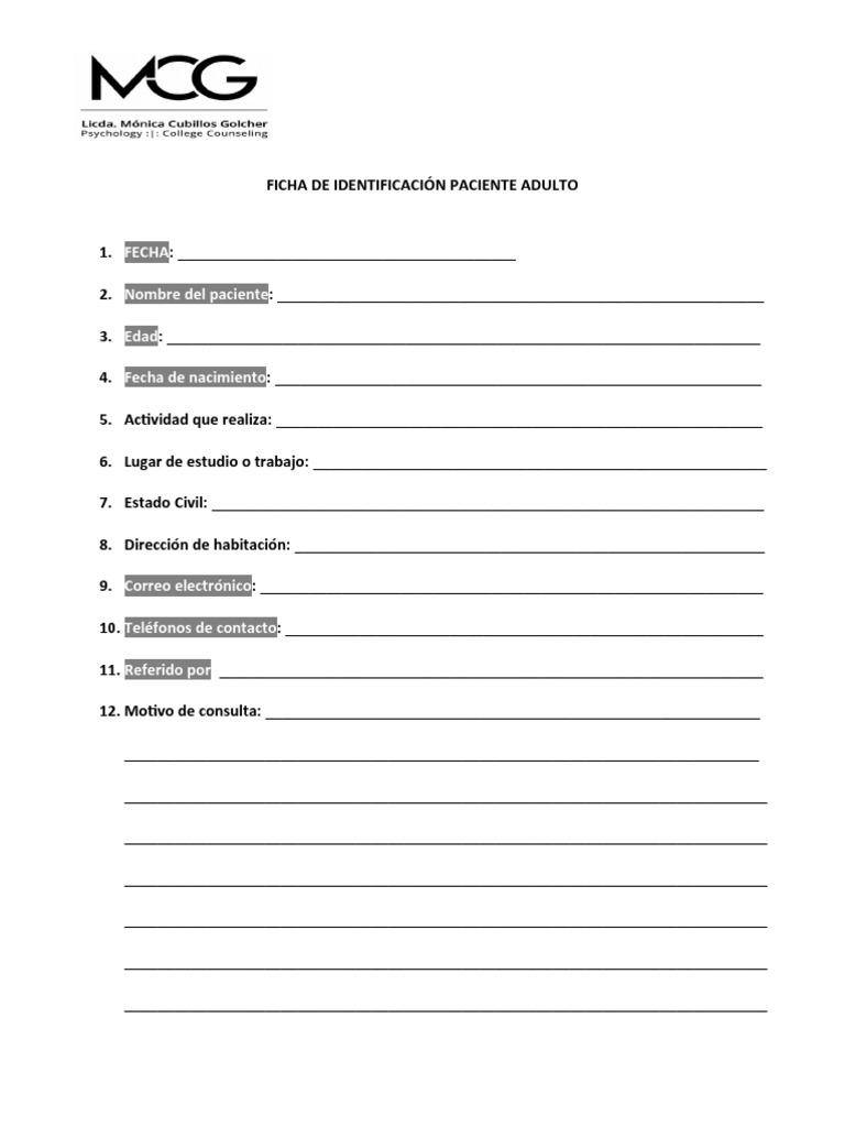 Ficha de Identificación Paciente Adulto | PDF