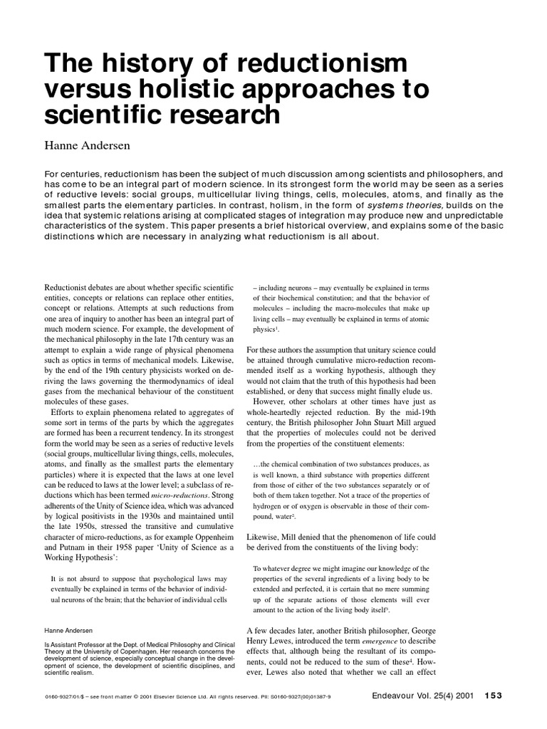 The History of Reductionism Versus Holistic Approaches To Scientific ...