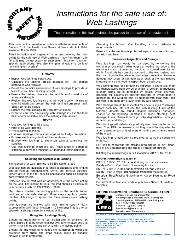 Instructions For The Safe Use Of: Web Lashings | PDF | Friction | Vehicles