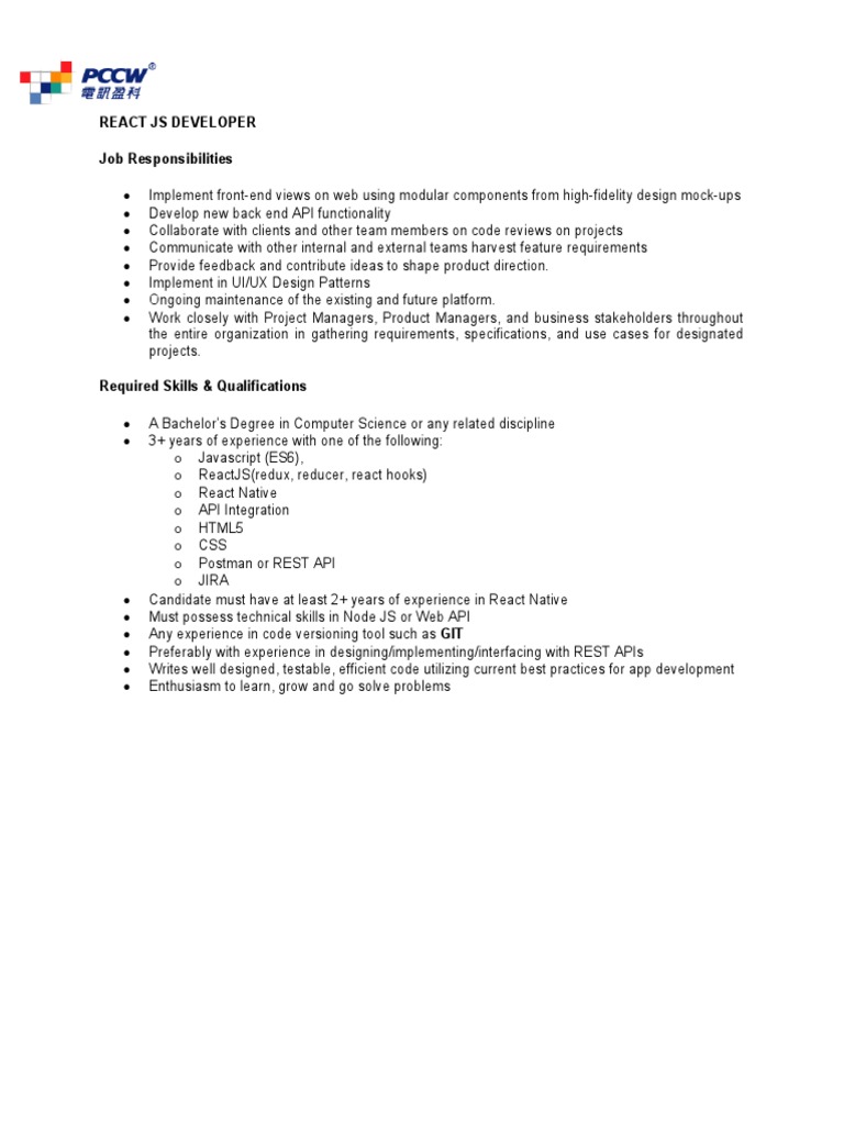 Job Description React Js Developer | PDF
