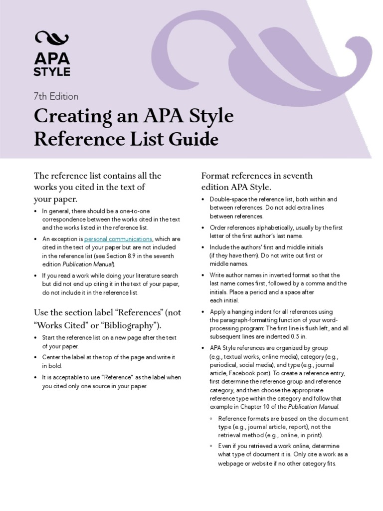 Creating An APA Style Reference List Guide: 7th Edition | Download Free ...