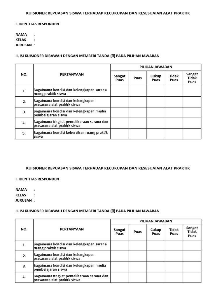 Kuisioner Kepuasan Alat Praktik | PDF