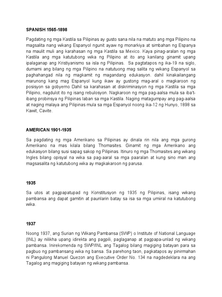 Wikang Filipino Timeline