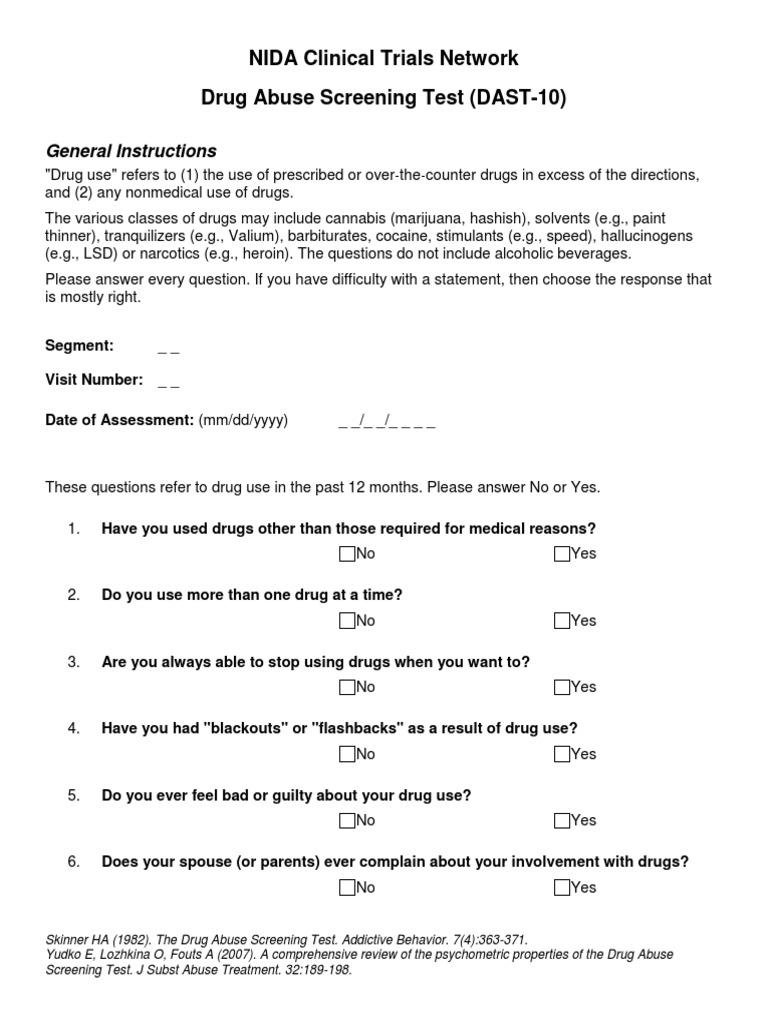 NIDA Clinical Trials Network Drug Abuse Screening Test (DAST-10) | PDF ...