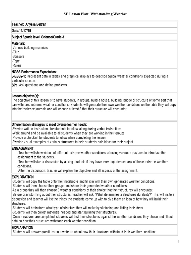 5E Lesson Plan: Withstanding Weather | PDF | Lesson Plan | Epistemology