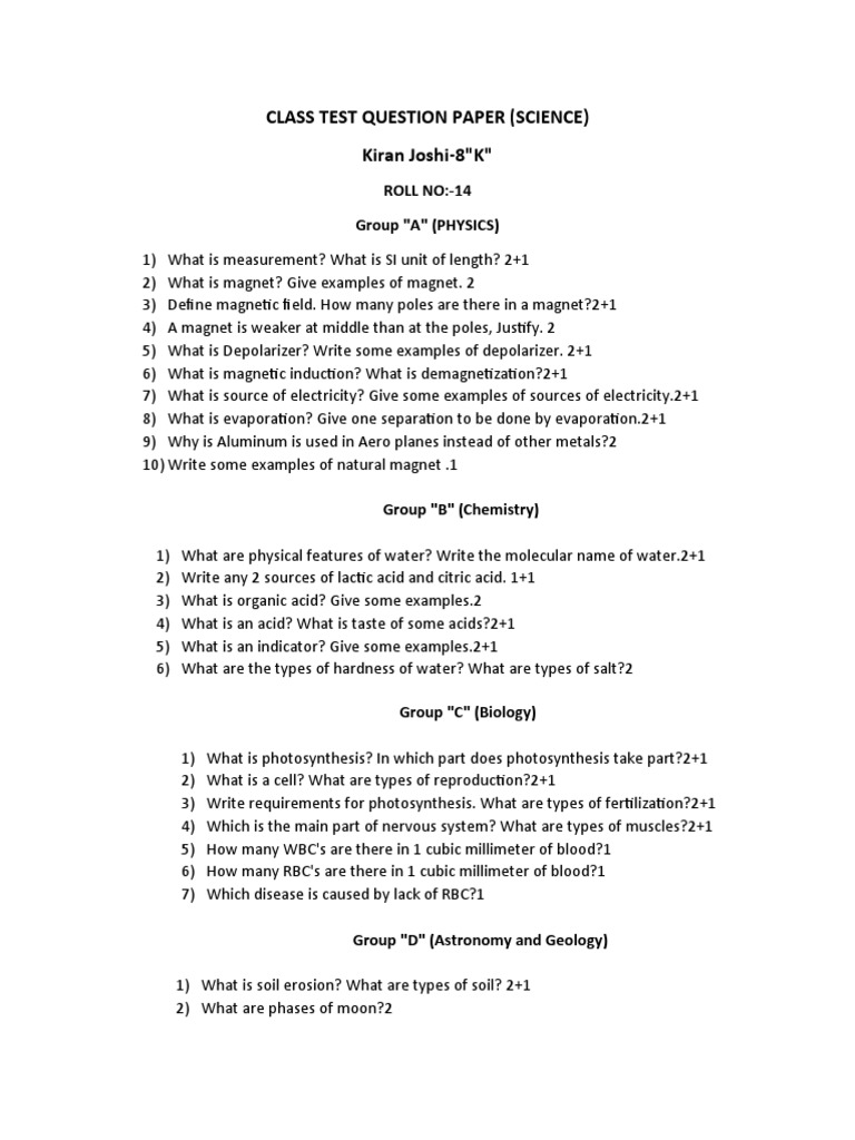 CLASS TEST QUESTION PAPER Kiran | PDF | Magnet | Physical Sciences